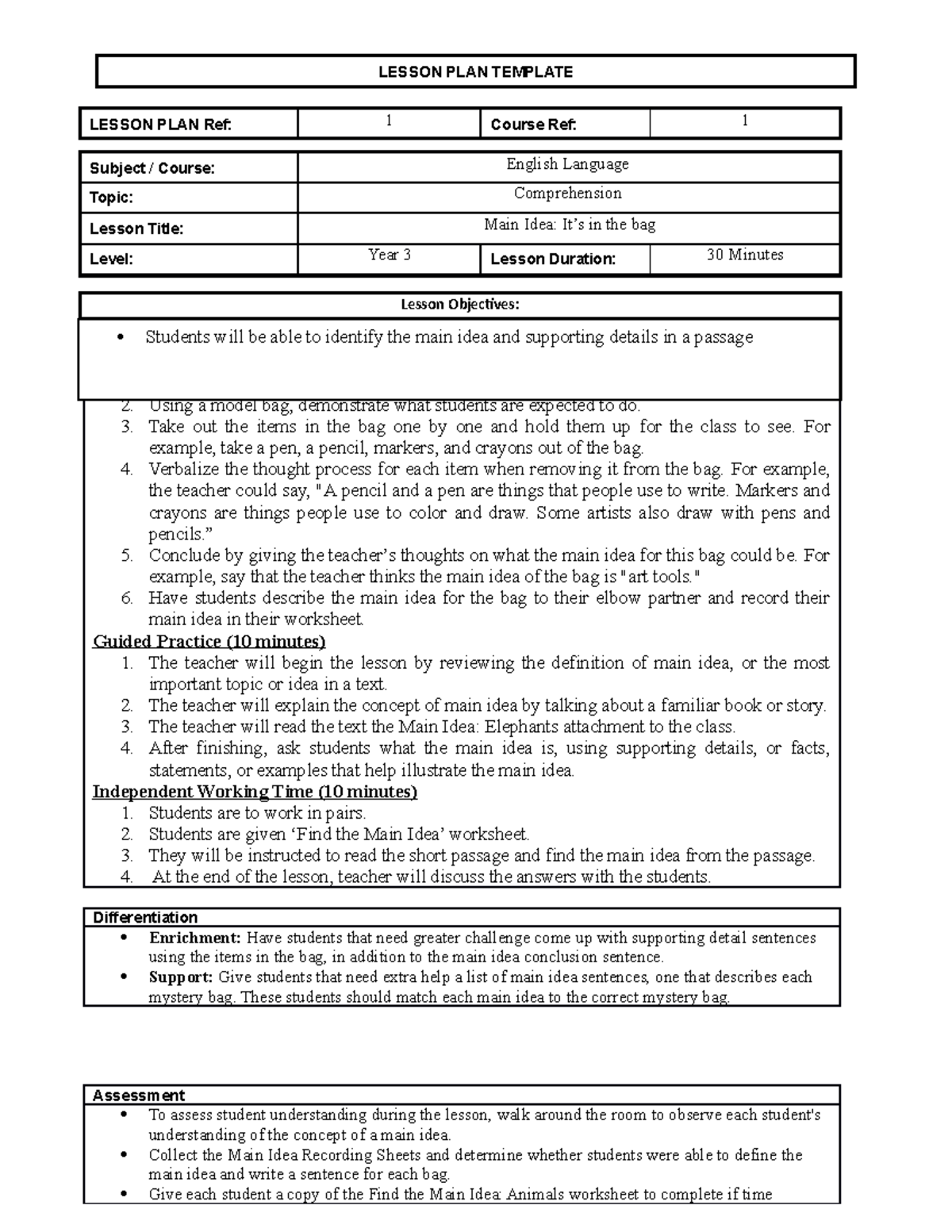 Mock Teaching: Lesson Plan on Main Idea for English Language (Yr 3 ...