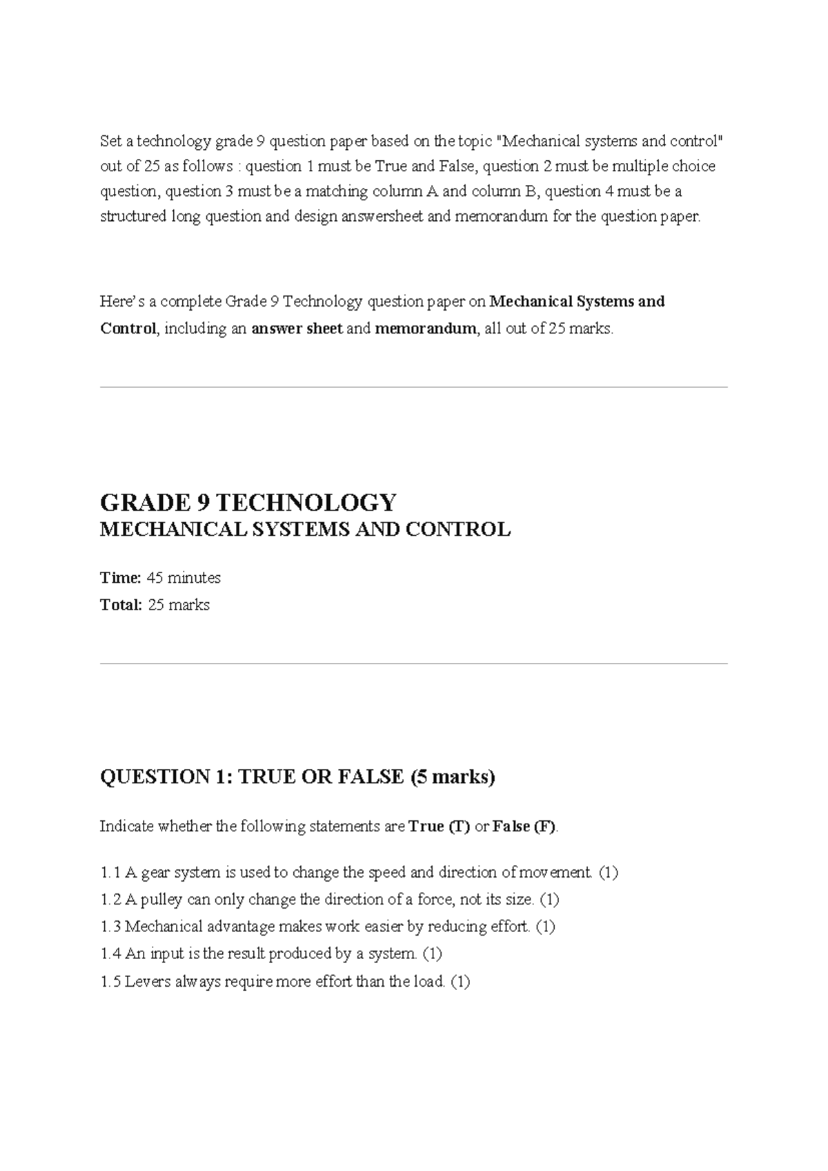Grade 9 Technology Question Paper: Mechanical Systems & Control (25 ...