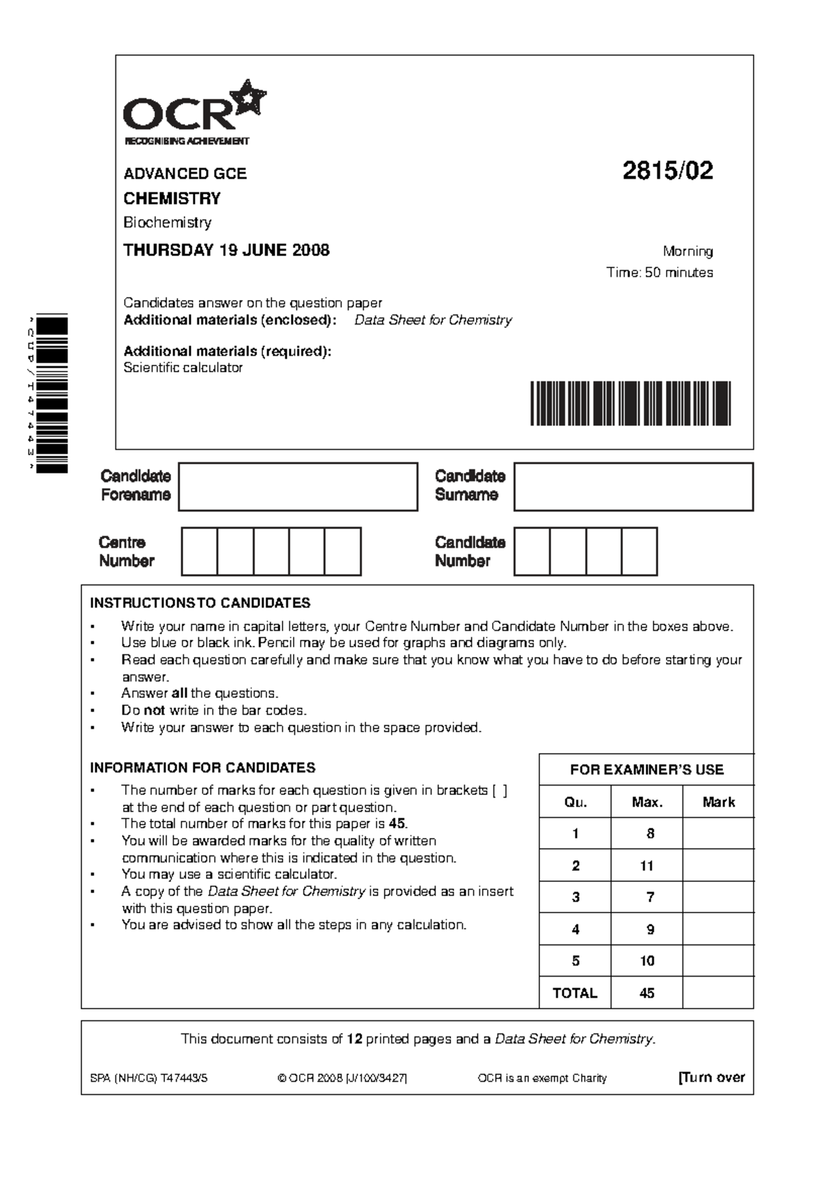OCR 2815/02 Biochemistry Final Exam Paper - June 2008 - Studocu