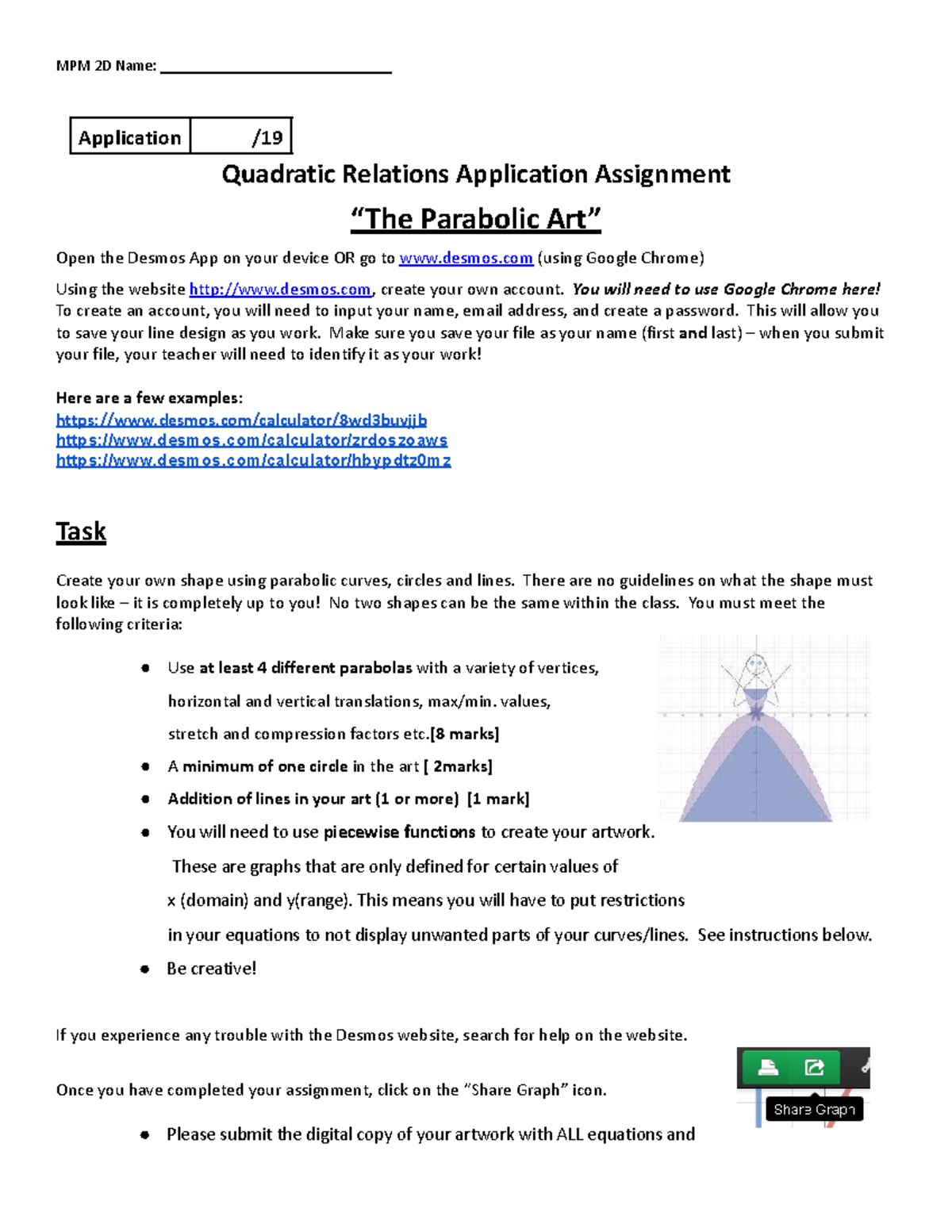 Quadratic Relations Assignment: Parabola Art with Desmos App - Studocu