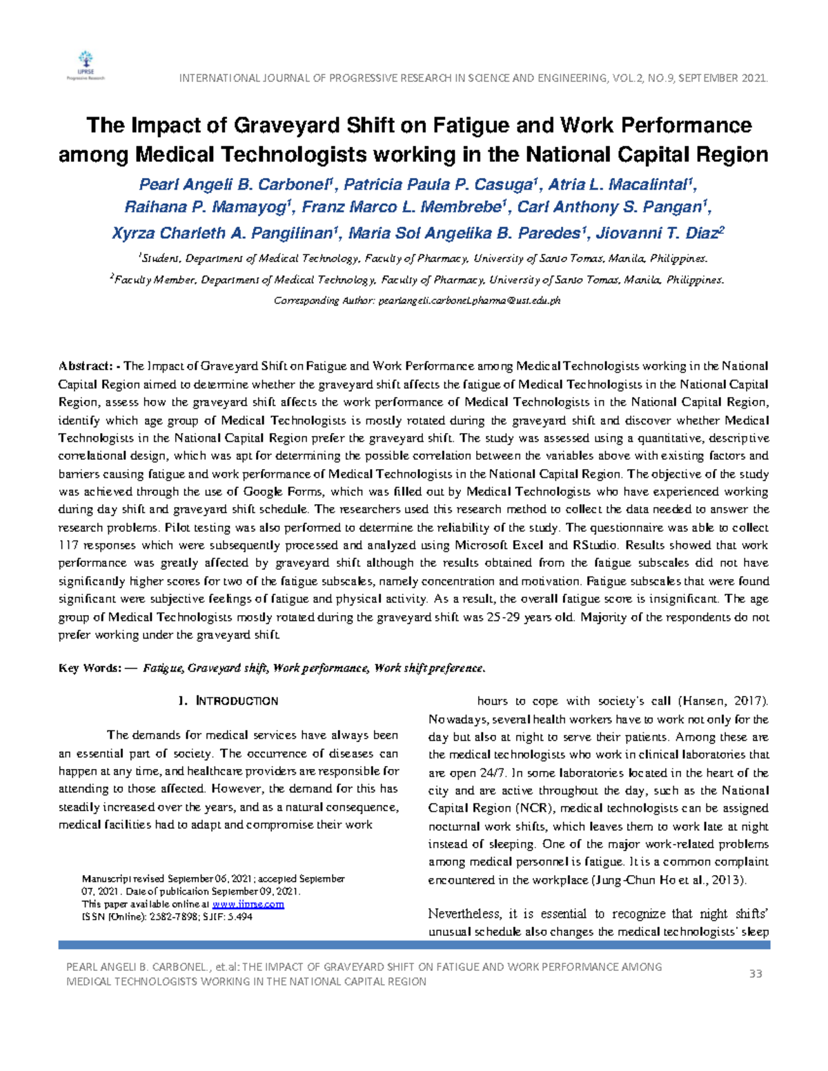 Effects of Graveyard Shift on Fatigue & Work Performance of MedTechs in ...
