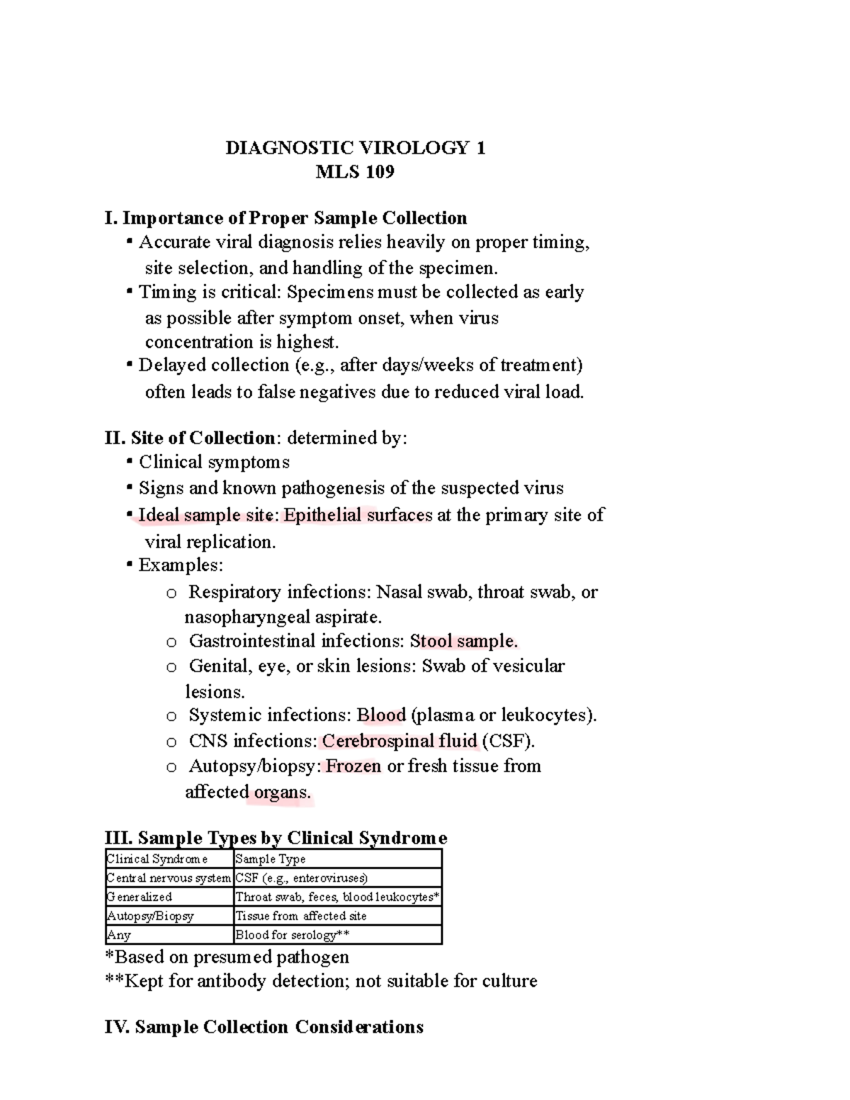 Lecture Notes: Diagnostic Virology 1 - Sample Collection & Testing ...
