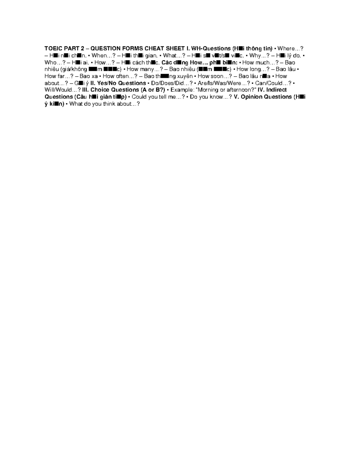 Toeic Part2 Question Forms Cheat Sheet - TOEIC PART 2 – QUESTION FORMS ...