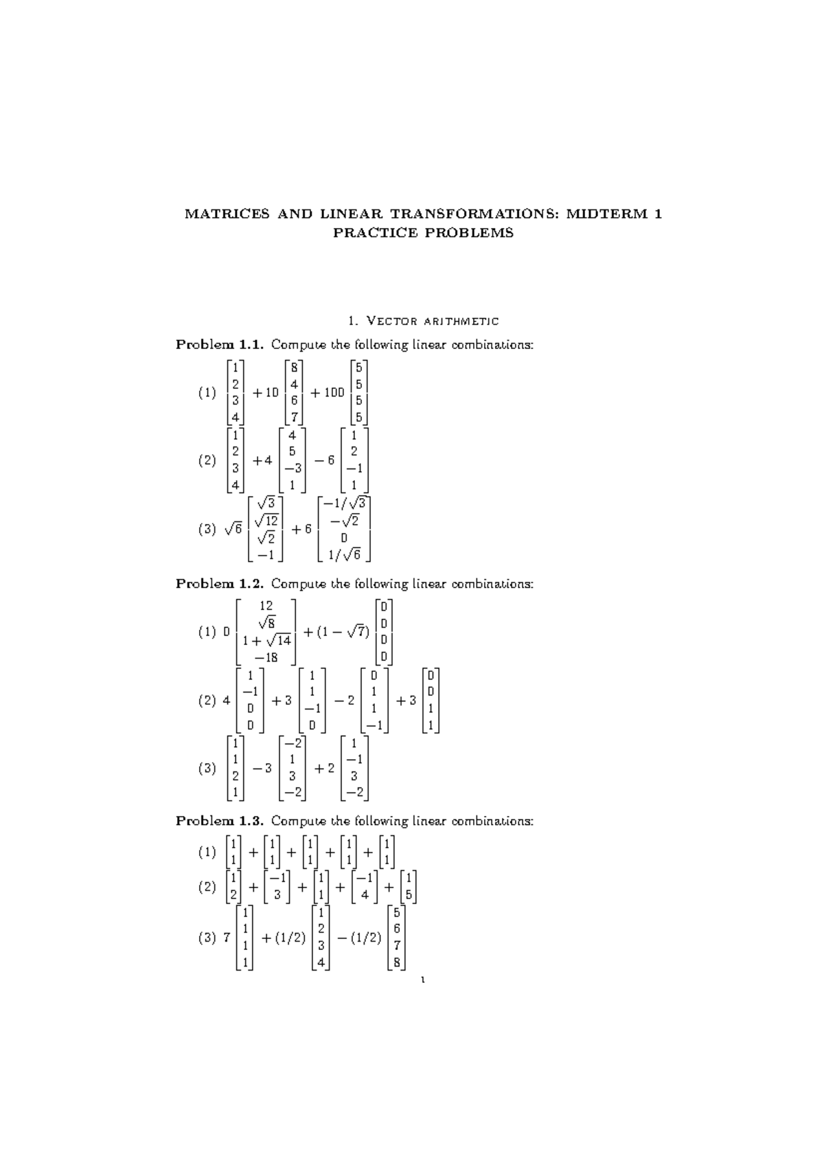 MATRICES AND LINEAR TRANSFORMATIONS: MIDTERM 1 PRACTICE PROBLEMS - Studocu