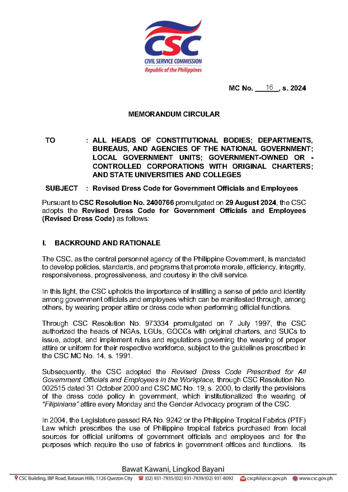 CSC MC 16 - Updated Dress Code Guidelines for Government Employees ...