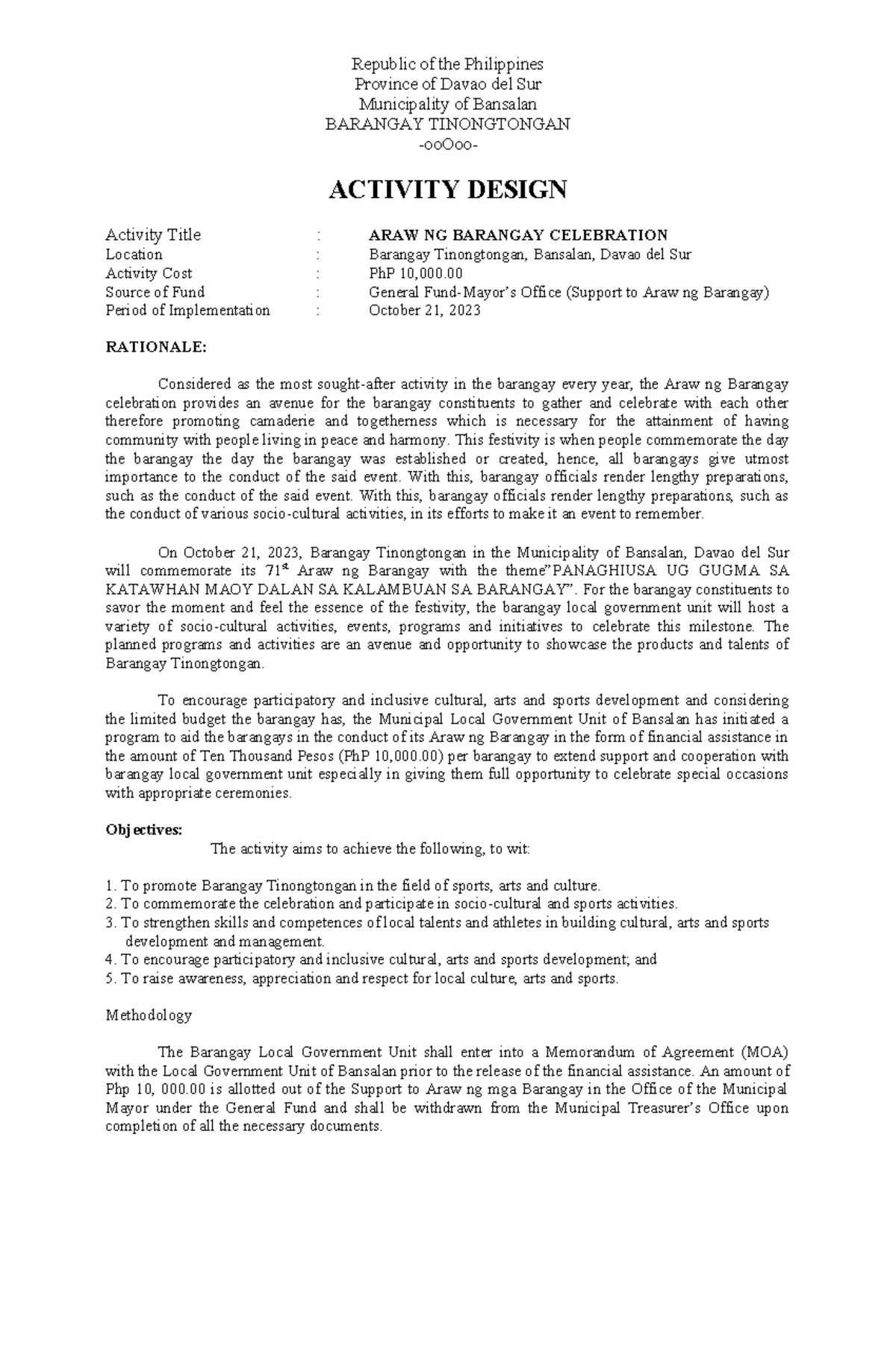 Araw ng Barangay Celebration Activity Design - Barangay Tinongtongan ...