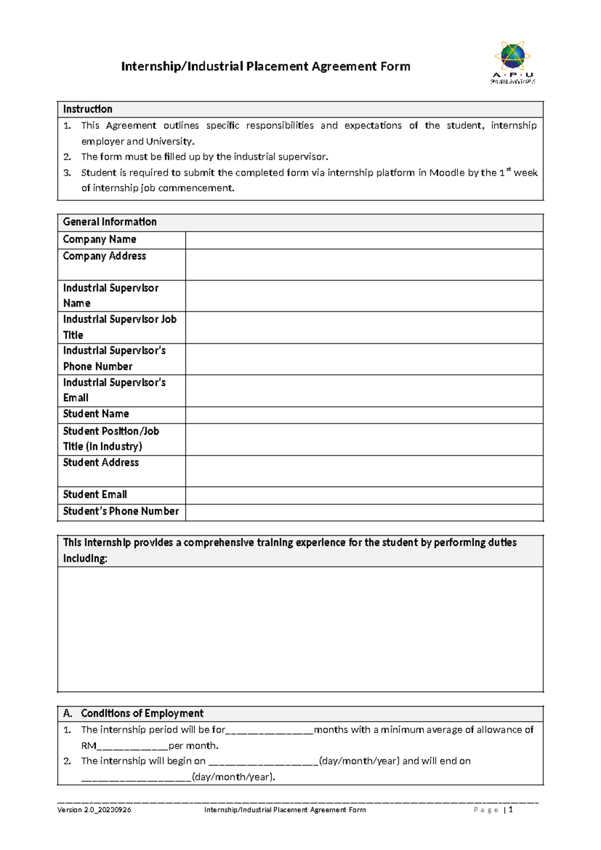 Internship Placement Agreement Form 01-4 Version 2 (2023) - Studocu
