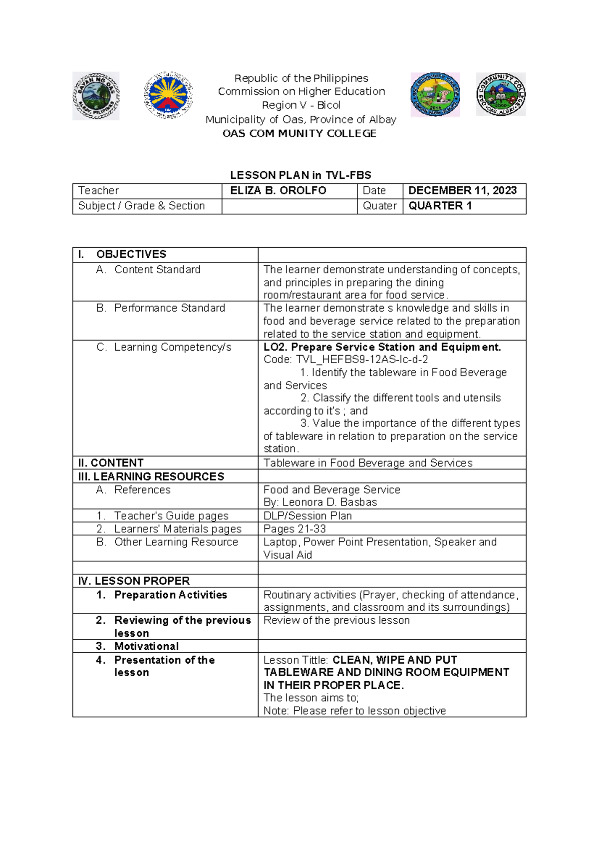 Detailed Lesson Plan in TVL-FBS: Tableware and Dining Equipment - Studocu