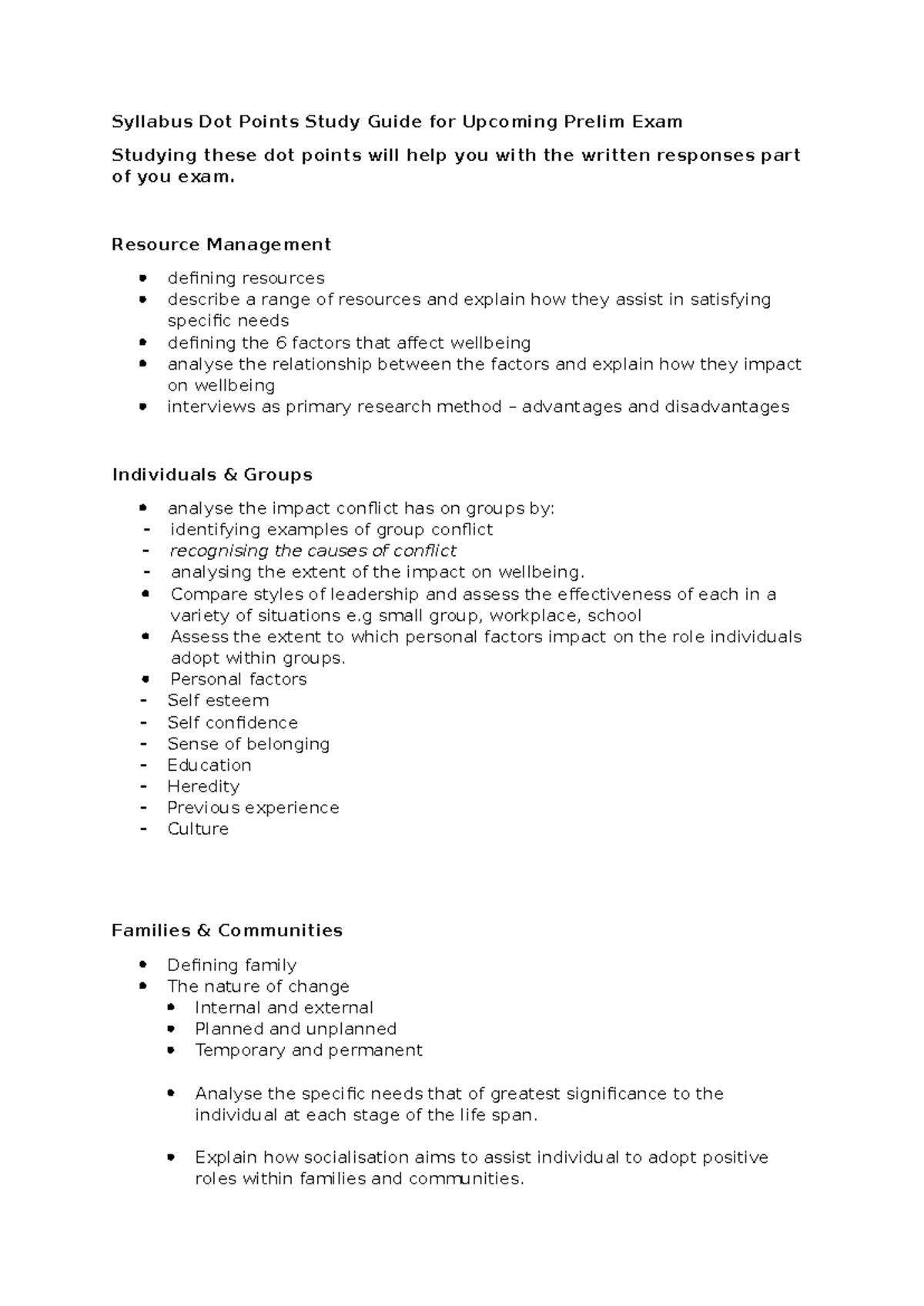 Prelim Exam Study Guide: Key Dot Points for Resource Management - Studocu