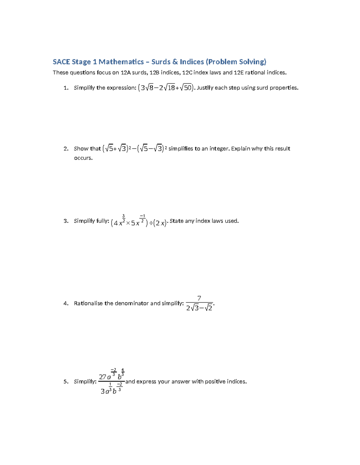 SACE Stage 1 Mathematics: Surds & Indices Worksheet - Studocu