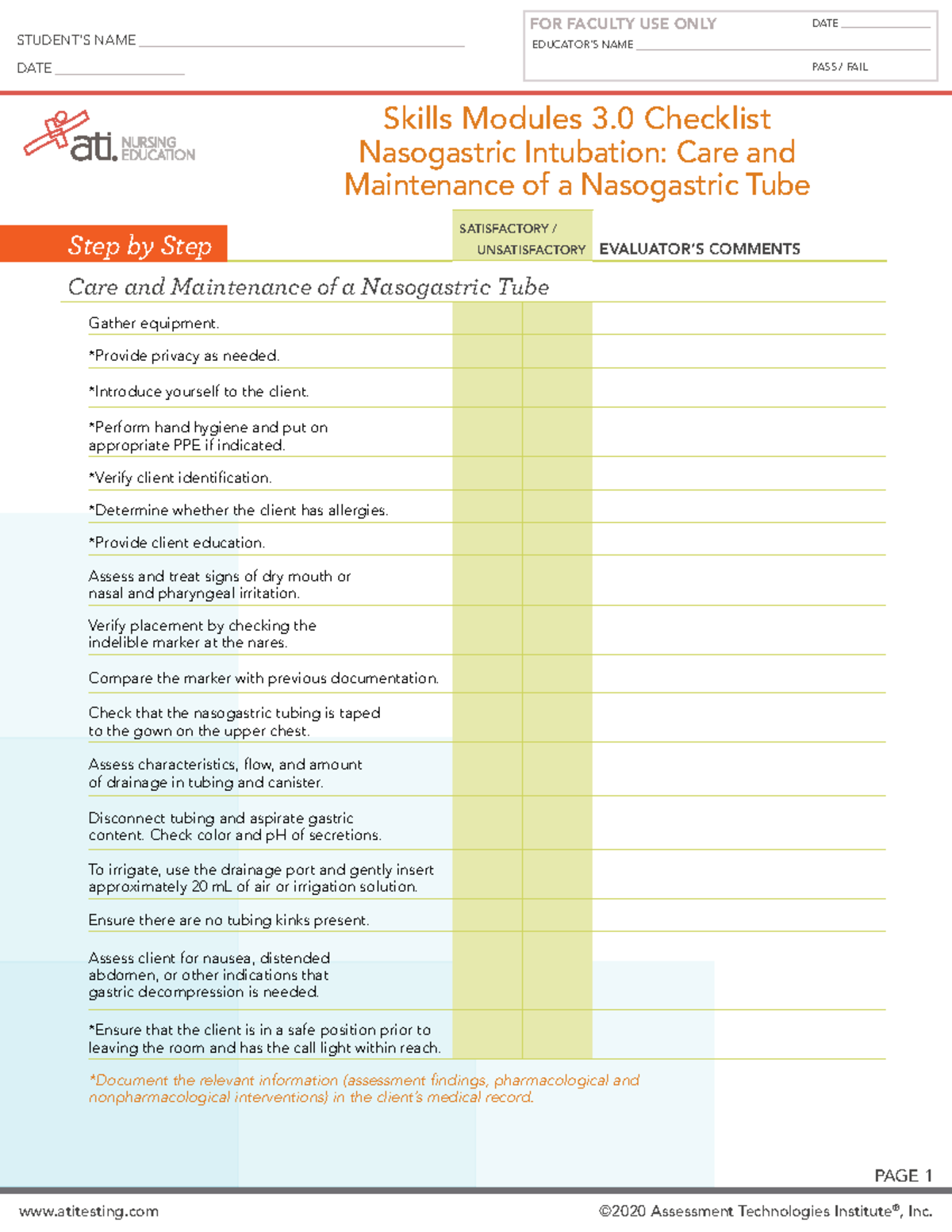 NURSING EDUCATION IL: Skills Checklist for Nasogastric Care - Studocu