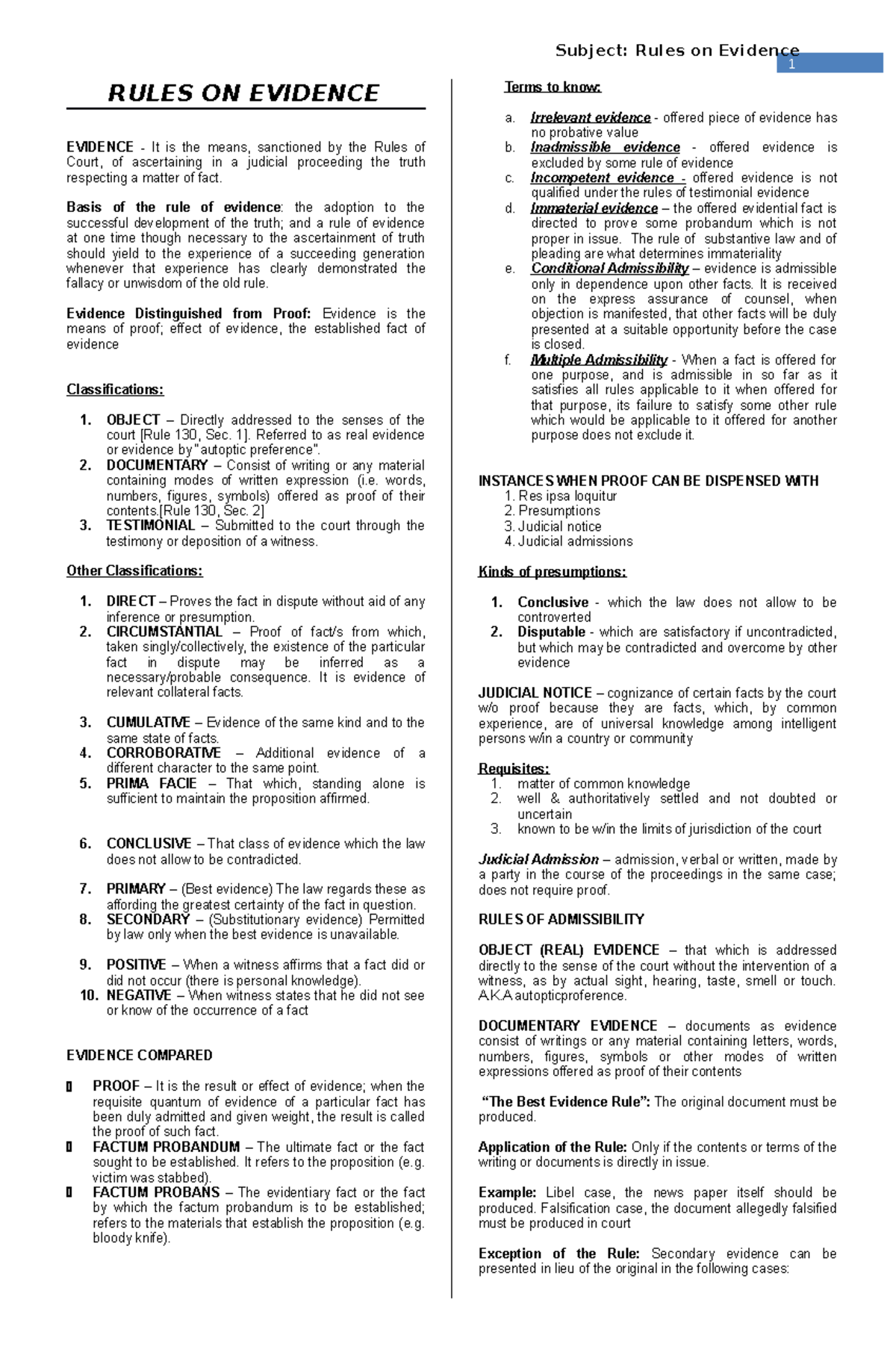 Criminal Evidence Notes for Law Course: Key Rules & Classifications ...