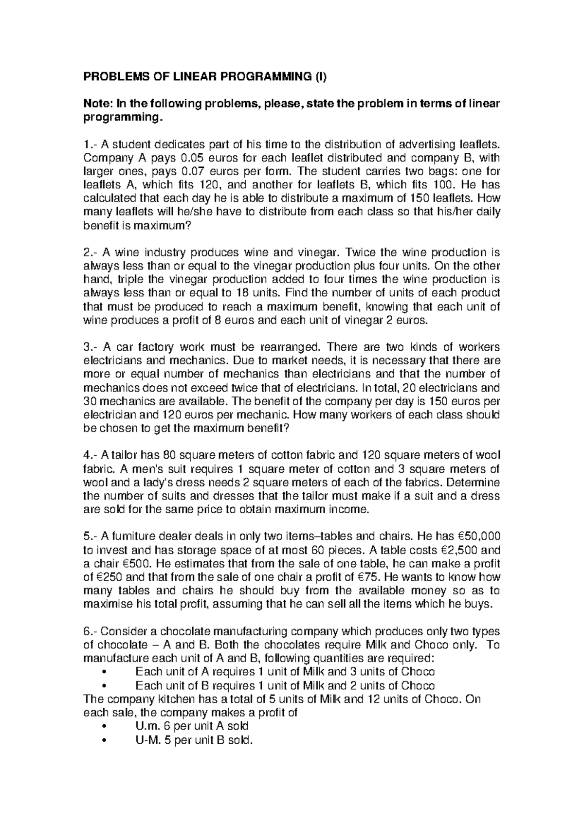 Linear Programming Problems (I): Maximizing Benefits and Production ...