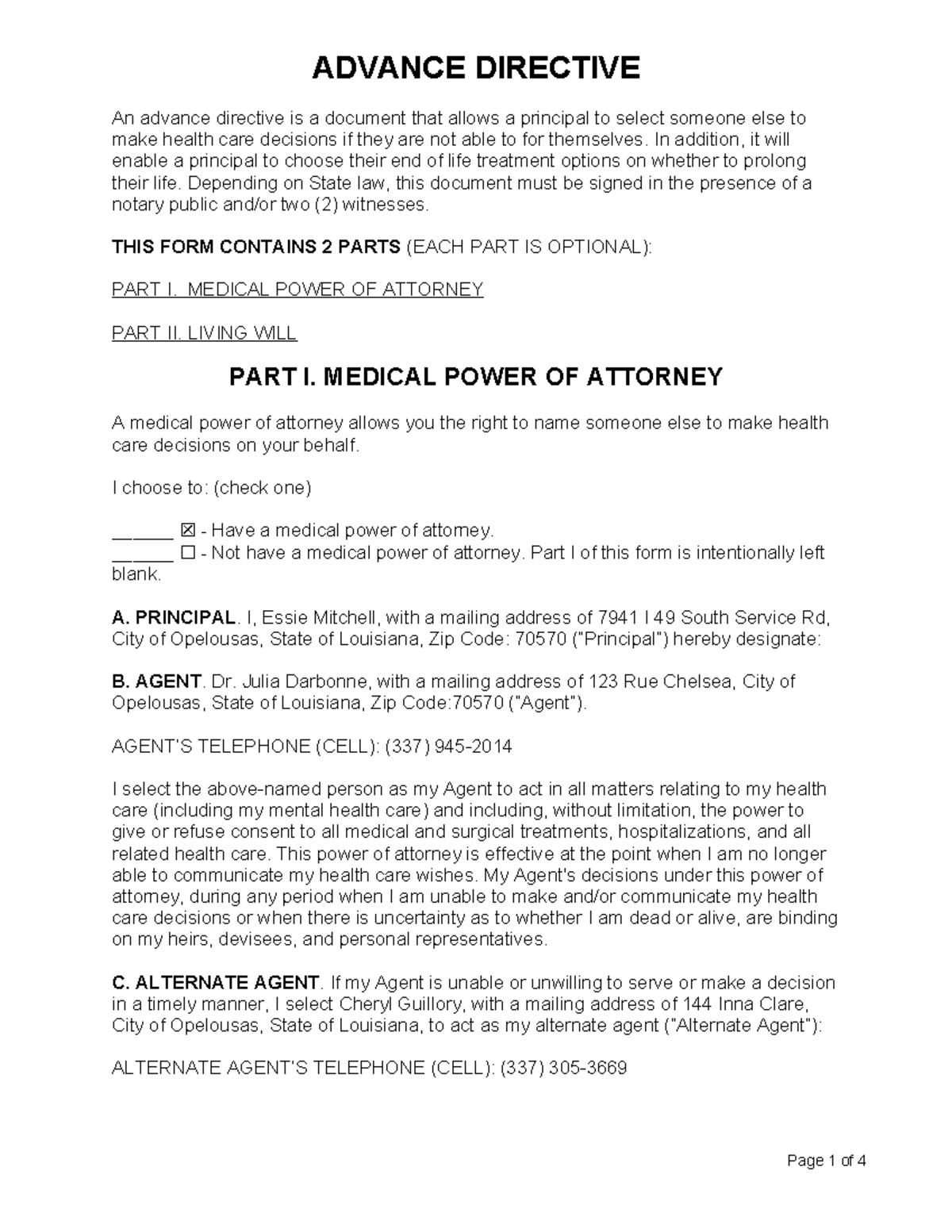 ADVANCE DIRECTIVE: Medical Power of Attorney & Living Will - Studocu