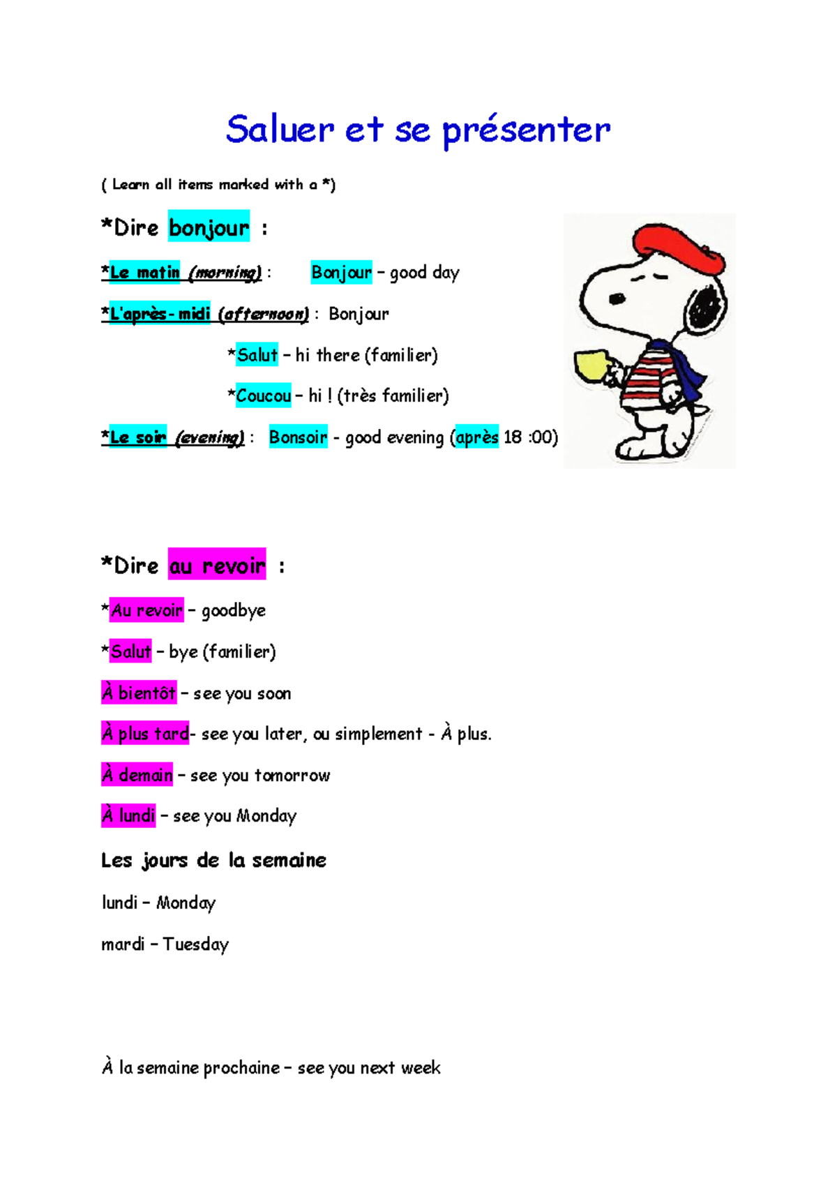 French summaries Grade 8 - Saluer et se présenter ( Learn all items ...