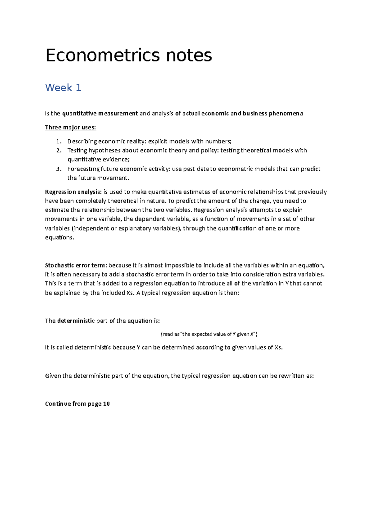 Introduction to Econometrics, lecture notes - Econometrics notes Week 1 ...