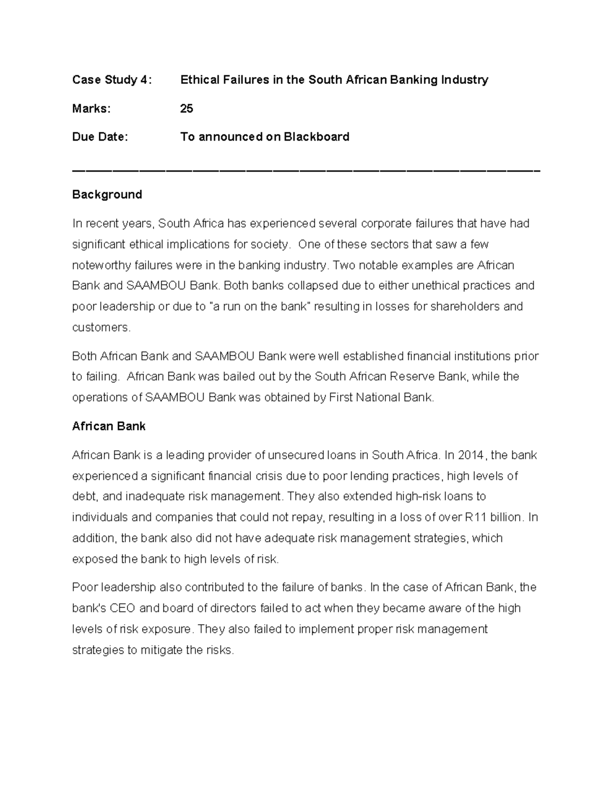 Case Study 4 - Ethical Failures in South African Banking Industry - Studocu