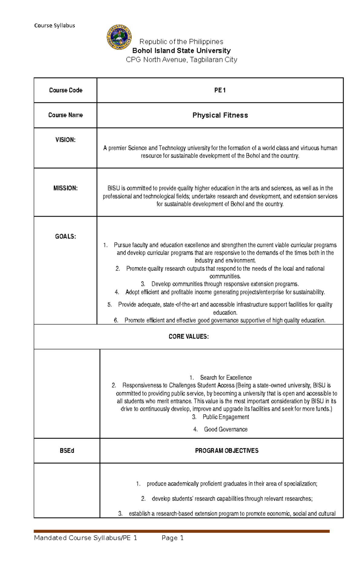 PE 1: Physical Fitness Syllabus and Course Outline for BSEd Social ...