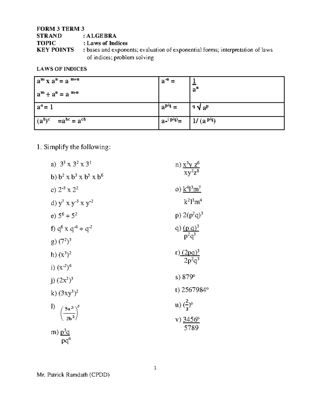 F3 T3 Algebra: Key Concepts and Exercises on Laws of Indices - Studocu