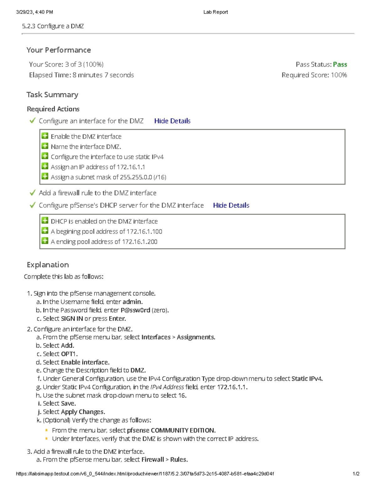 Test Out Lab Sim 5 - Lab 5.2.3 Configure a DMZ - 3/29/23, 4:40 PM Lab ...
