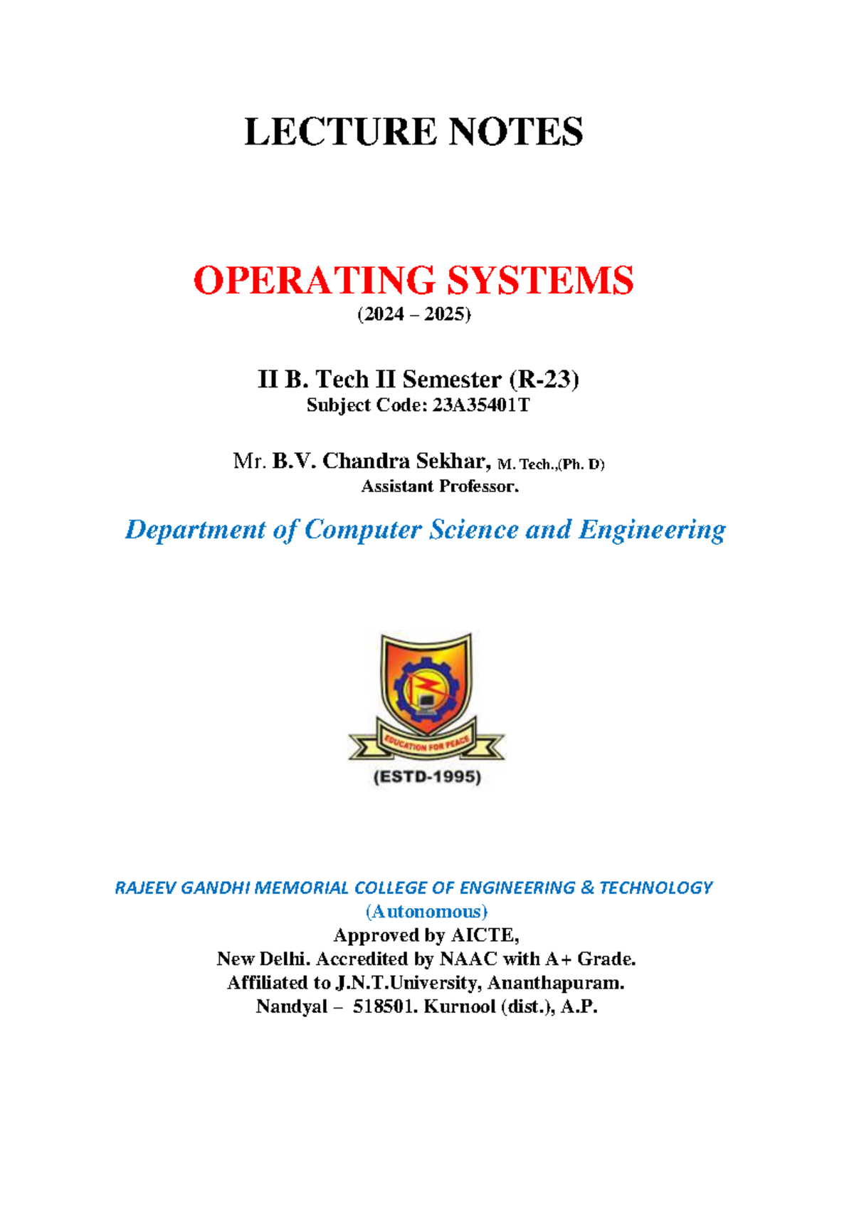 LECTURE NOTES ON OPERATING SYSTEMS (23A35401T) II B. Tech II Sem - Studocu
