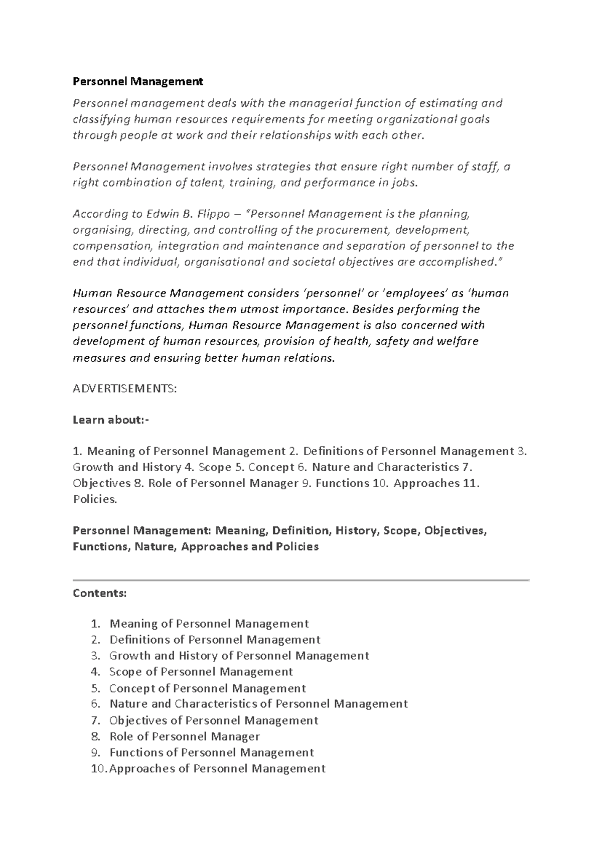 Personnel Management: Definition, History, Functions & Scope - Studocu