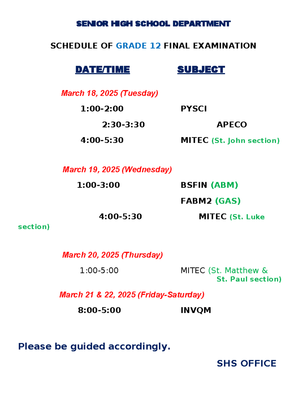 SHS schedule of Grade 12 Final exam 2nd sem A - SENIOR HIGH SCHOOL ...