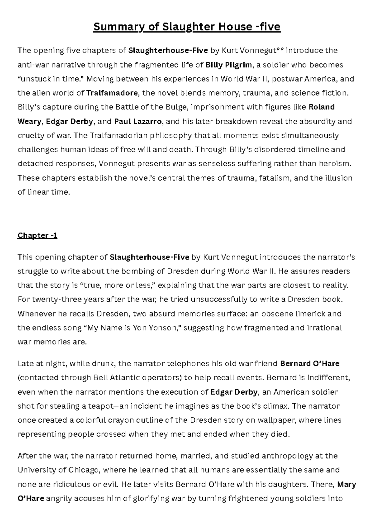 Summary of Chapters 1-5 of Slaughterhouse-Five (ENG 101) - Studocu