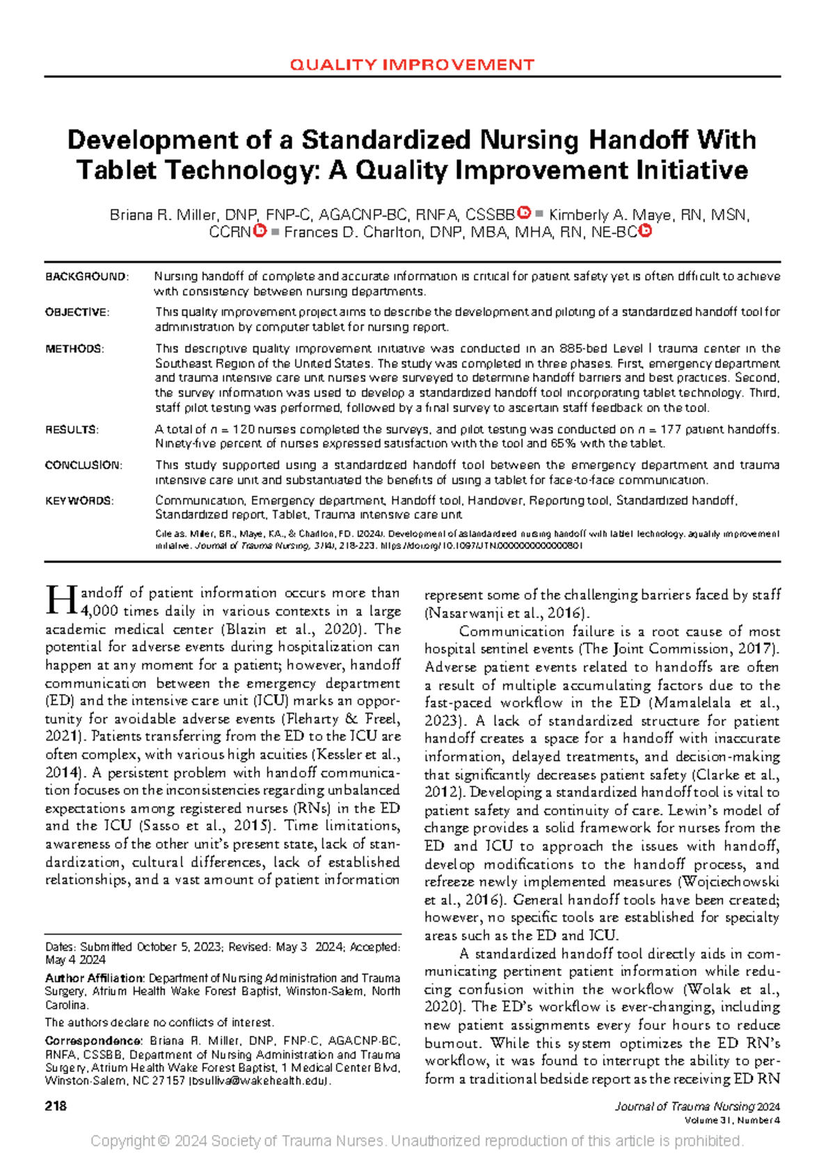 NUR 501: Standardized Nursing Handoff Tool Development Using Tablets ...