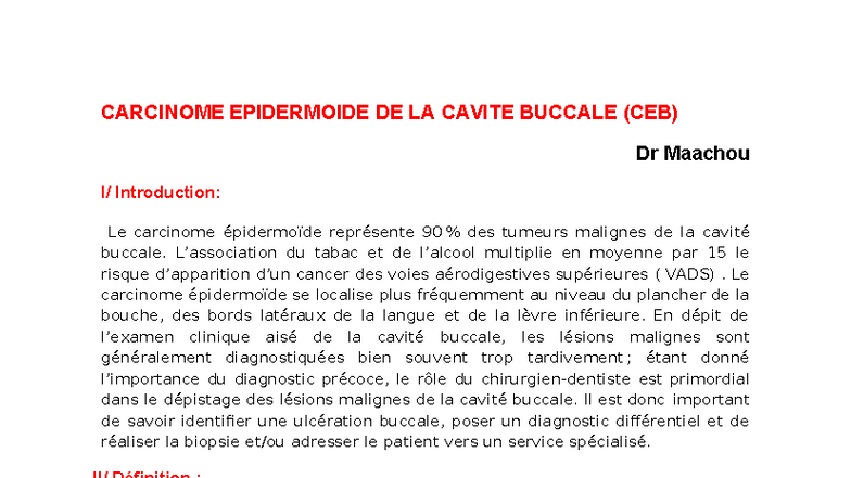 Carcinome Épidermoïde de la Cavité Buccale (CEB) - Étude et Diagnostic ...