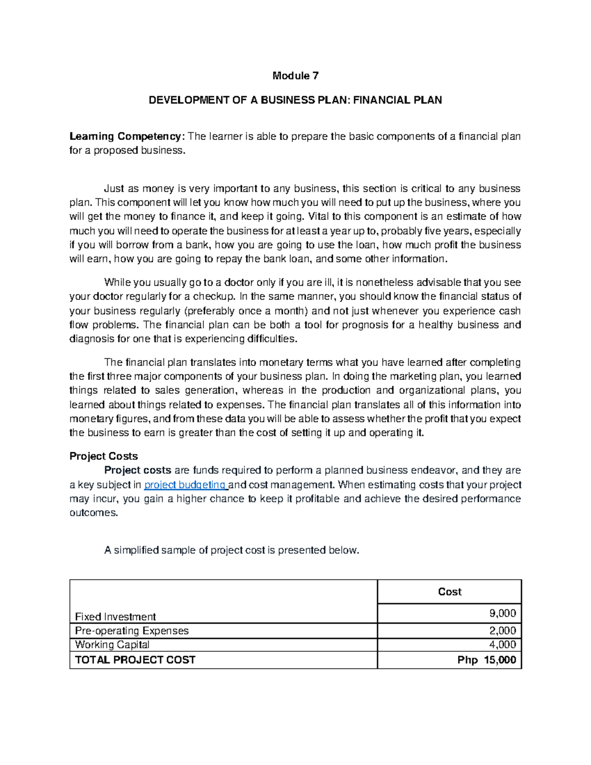 Module 7: Business Plan Development - Financial Plan Overview - Studocu