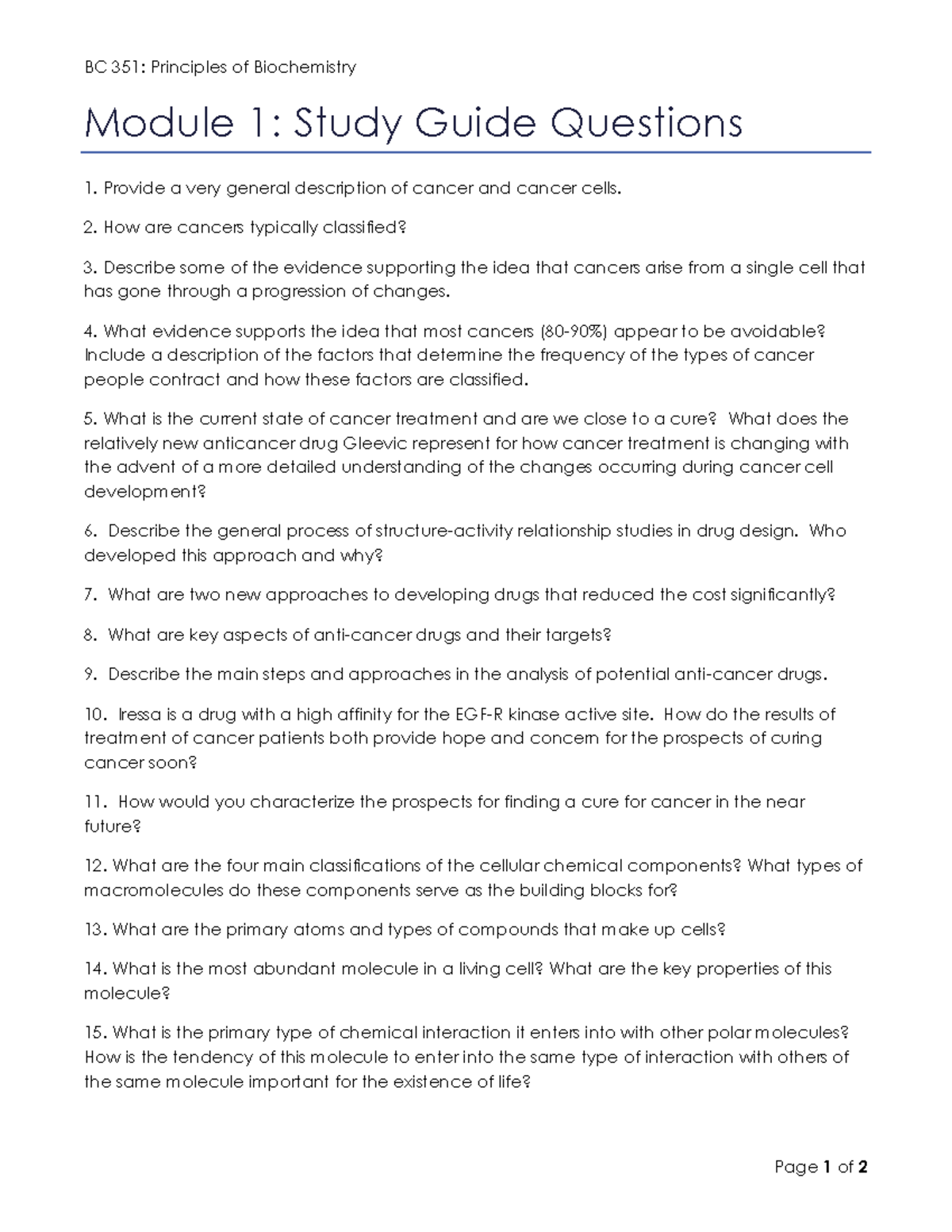 BC 351: Principles of Biochemistry Module 1 Study Guide Questions - Studocu