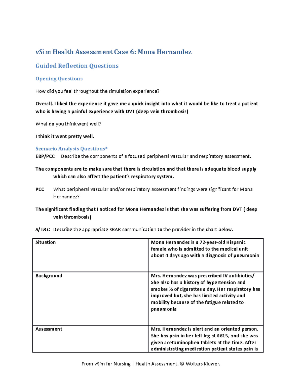 vSim Health Assessment Case 06: Mona Hernandez Reflection & Analysis ...