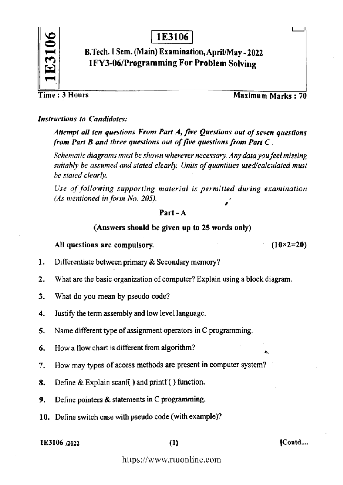 Btech 1 sem programming for problem solving 1e3106 may 2022 - 1E3106 THERE B. I Sem. (Main ...