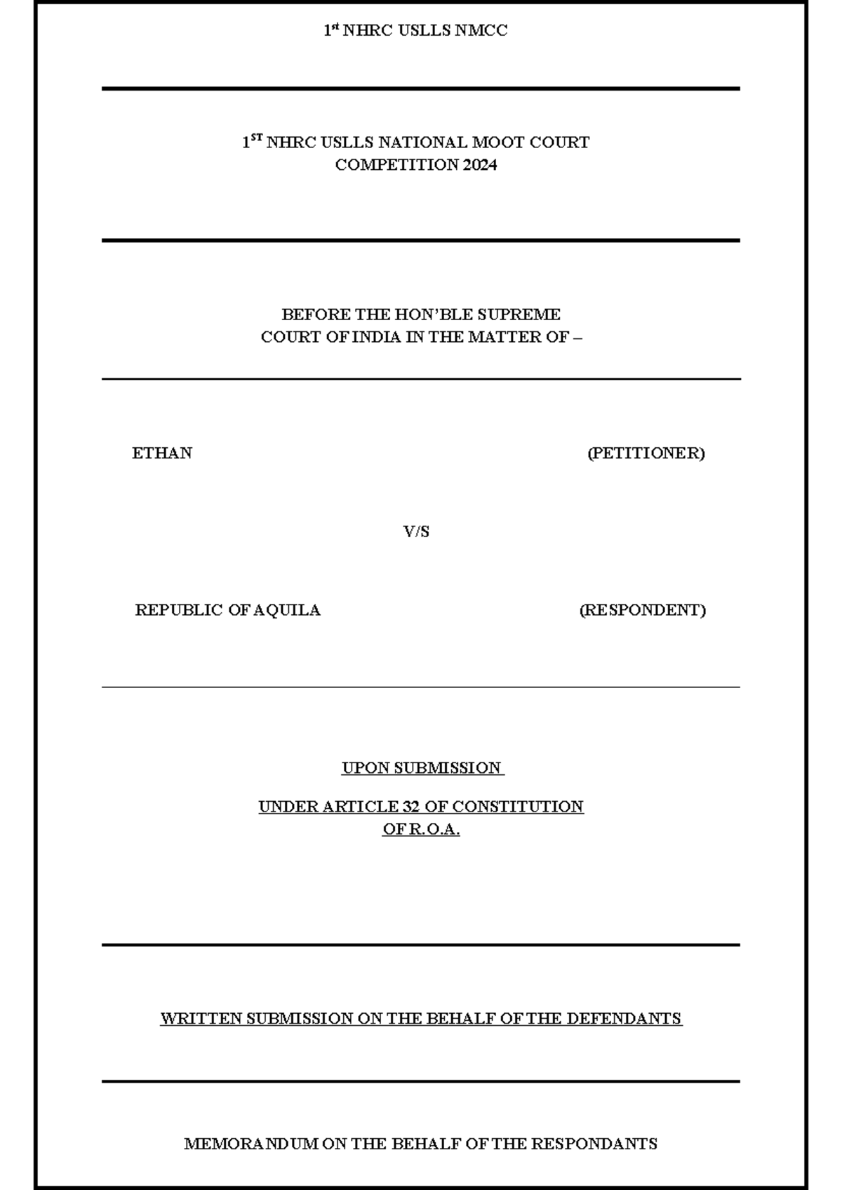 Memorial for defendants Uslls - 1 ST NHRC USLLS NATIONAL MOOT COURT ...