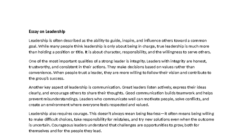 Essay on Leadership: Key Qualities and Characteristics - Studocu