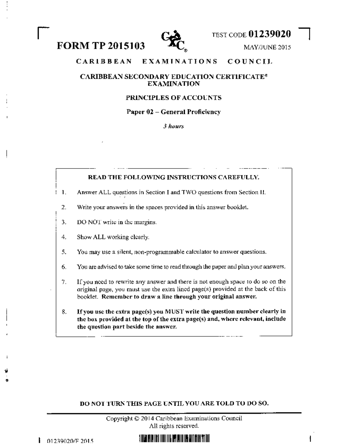 CSEC POA June 2015 Paper 02 - Principles of Accounts Exam - Studocu