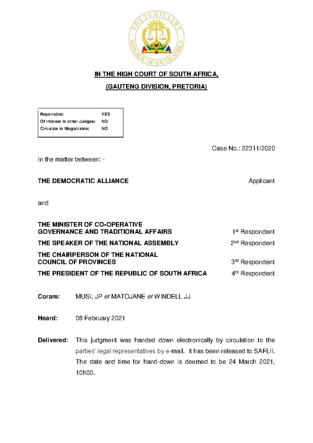 DA v Minister of Cogta - IN THE HIGH COURT OF SOUTH AFRICA, (GAUTENG ...