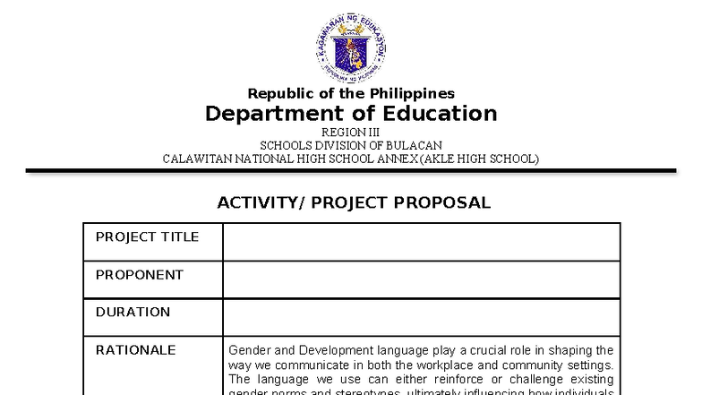 GAD Language Training Proposal for Akle High School (EDU 101) - Studocu