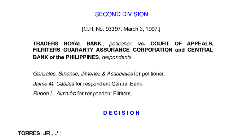 Traders Royal Bank v. Court of Appeals: Decision on CBCI No. D891 - Studocu