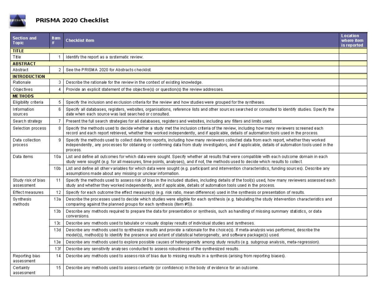 Prisma 2020 checklist - PRISMA 2020 Checklist Section and Topic Item ...