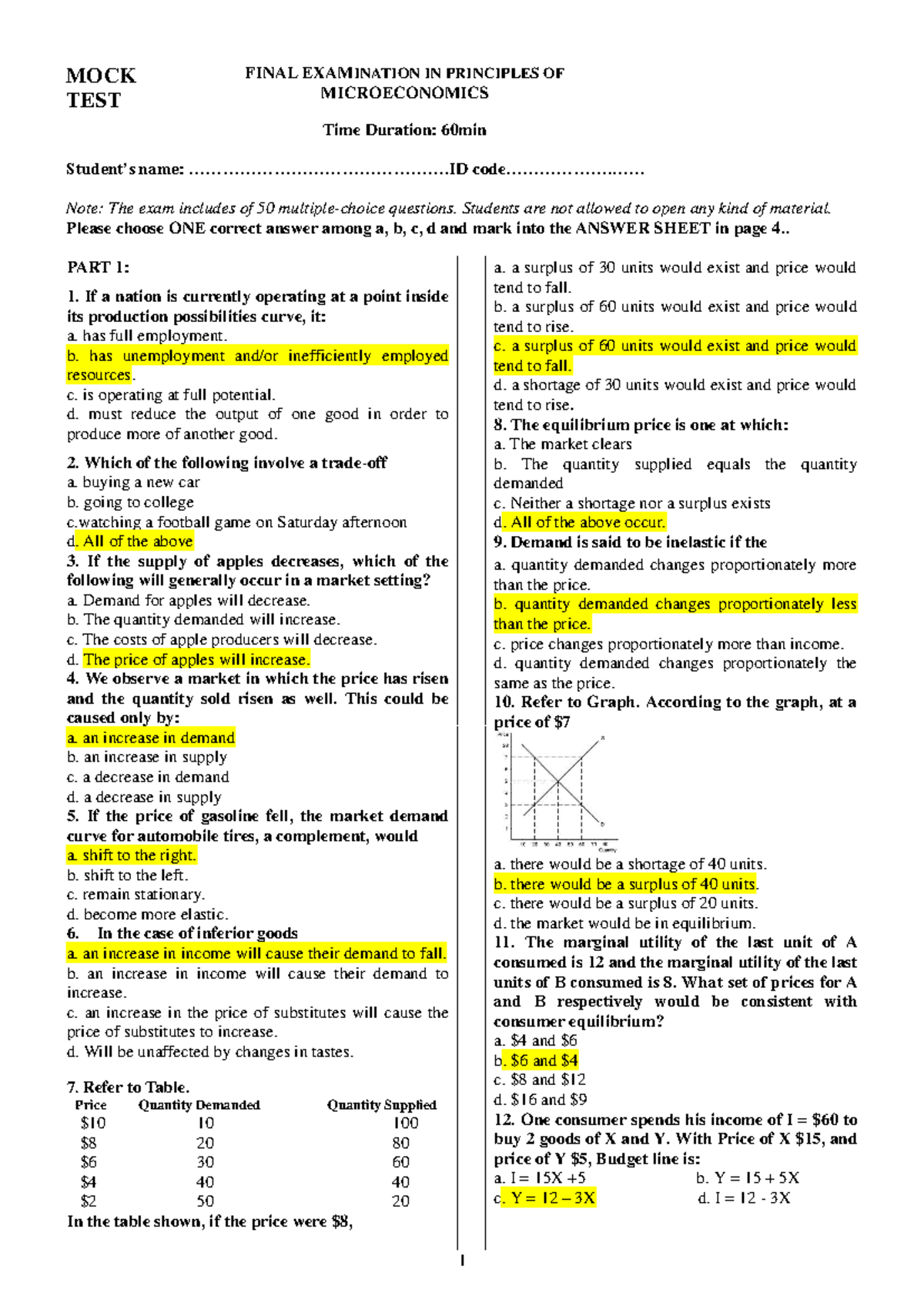 FINAL EXAM MOCK TEST: PRINCIPLES OF MICROECONOMICS (60 min) - Studocu