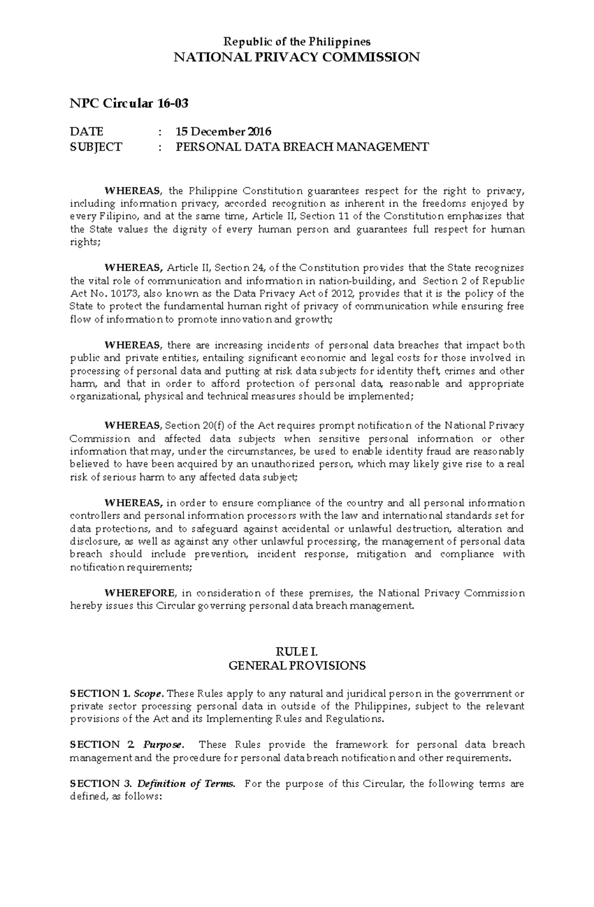 NPC Circular 16-03: Guidelines for Personal Data Breach Management ...