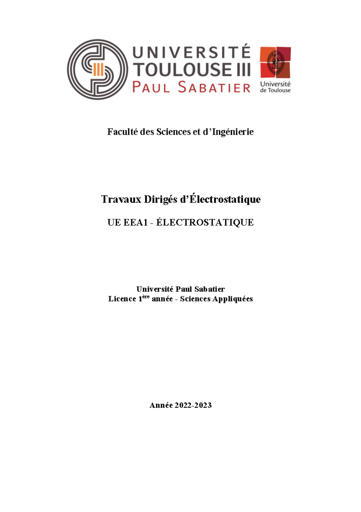 Travaux Dirigés d'Électrostatique - UE EEA1 - Année 2022-2023 - Studocu