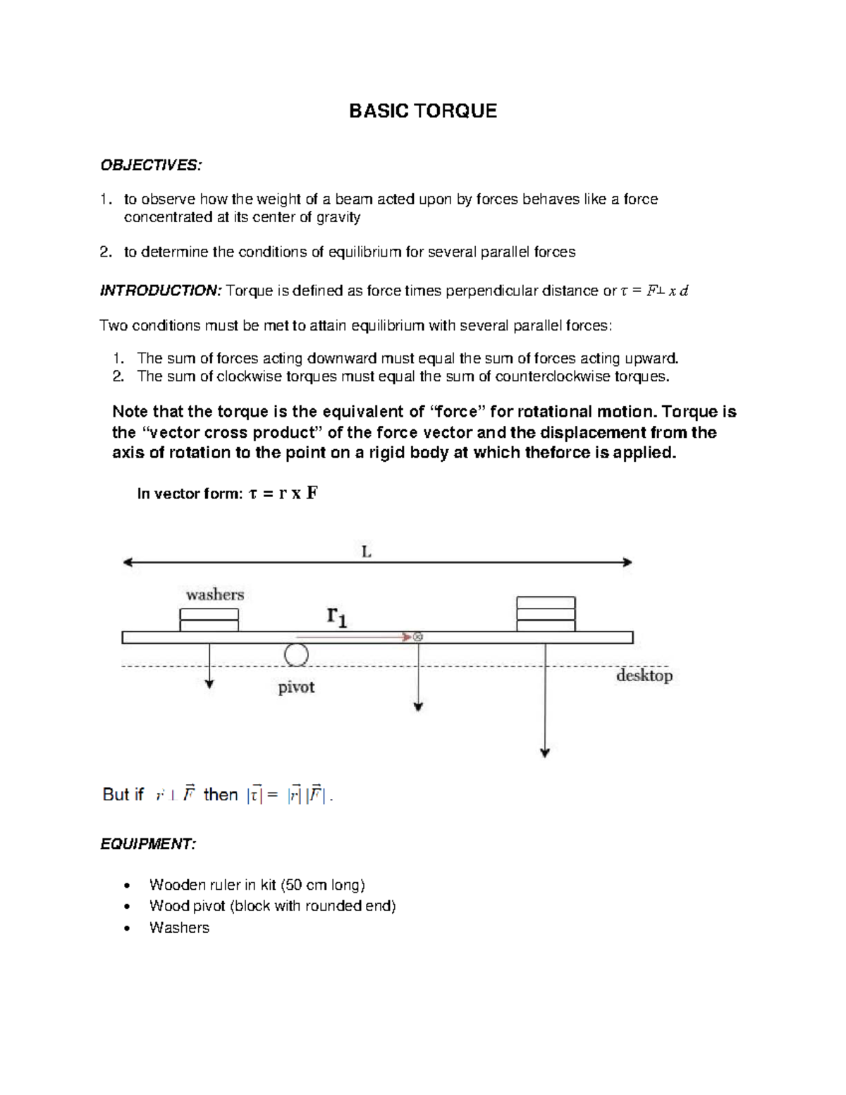 Lab #9: Basic Torque - Objectives and Procedures for Equilibrium - Studocu