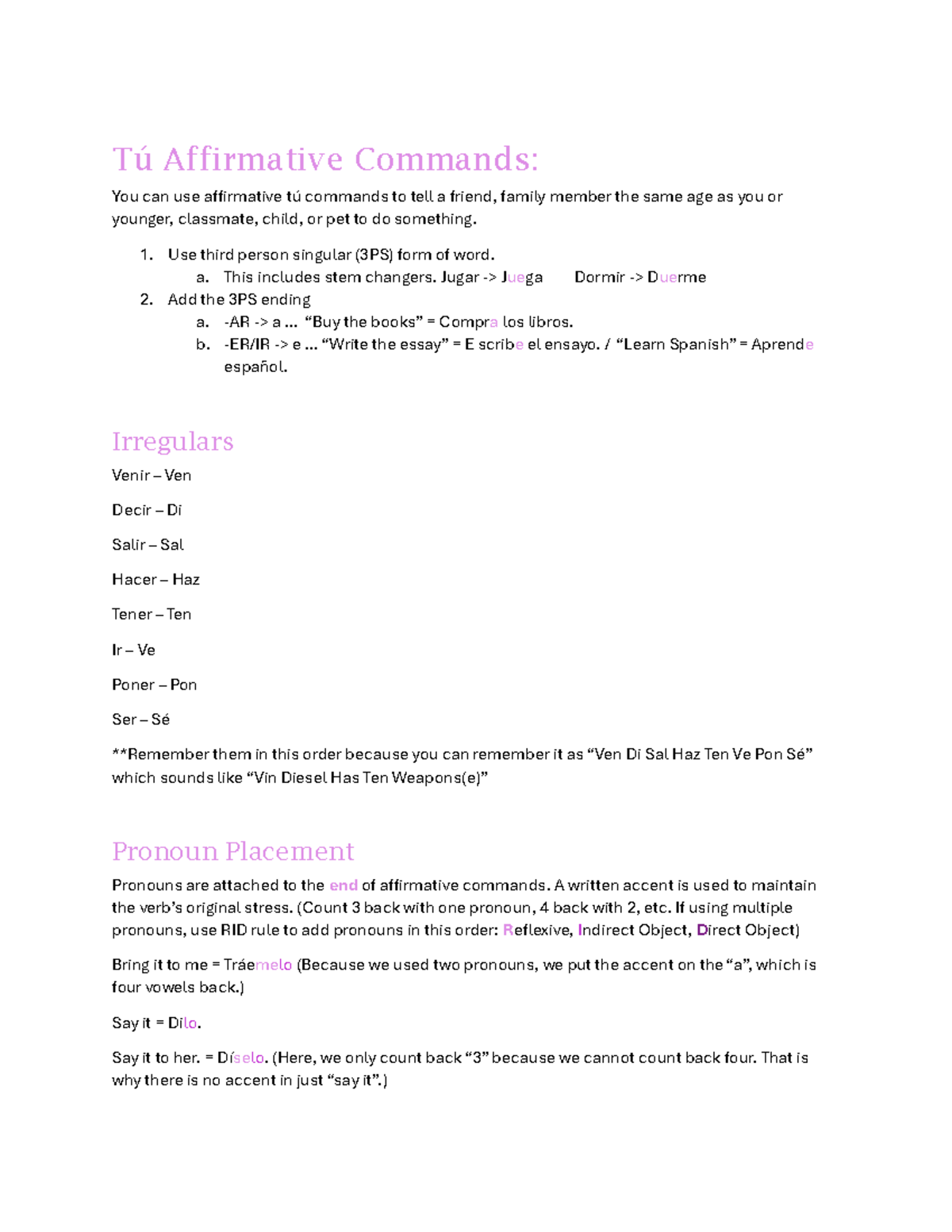 Spanish Commands: Affirmative and Negative Tú, Ud., Uds. - Studocu