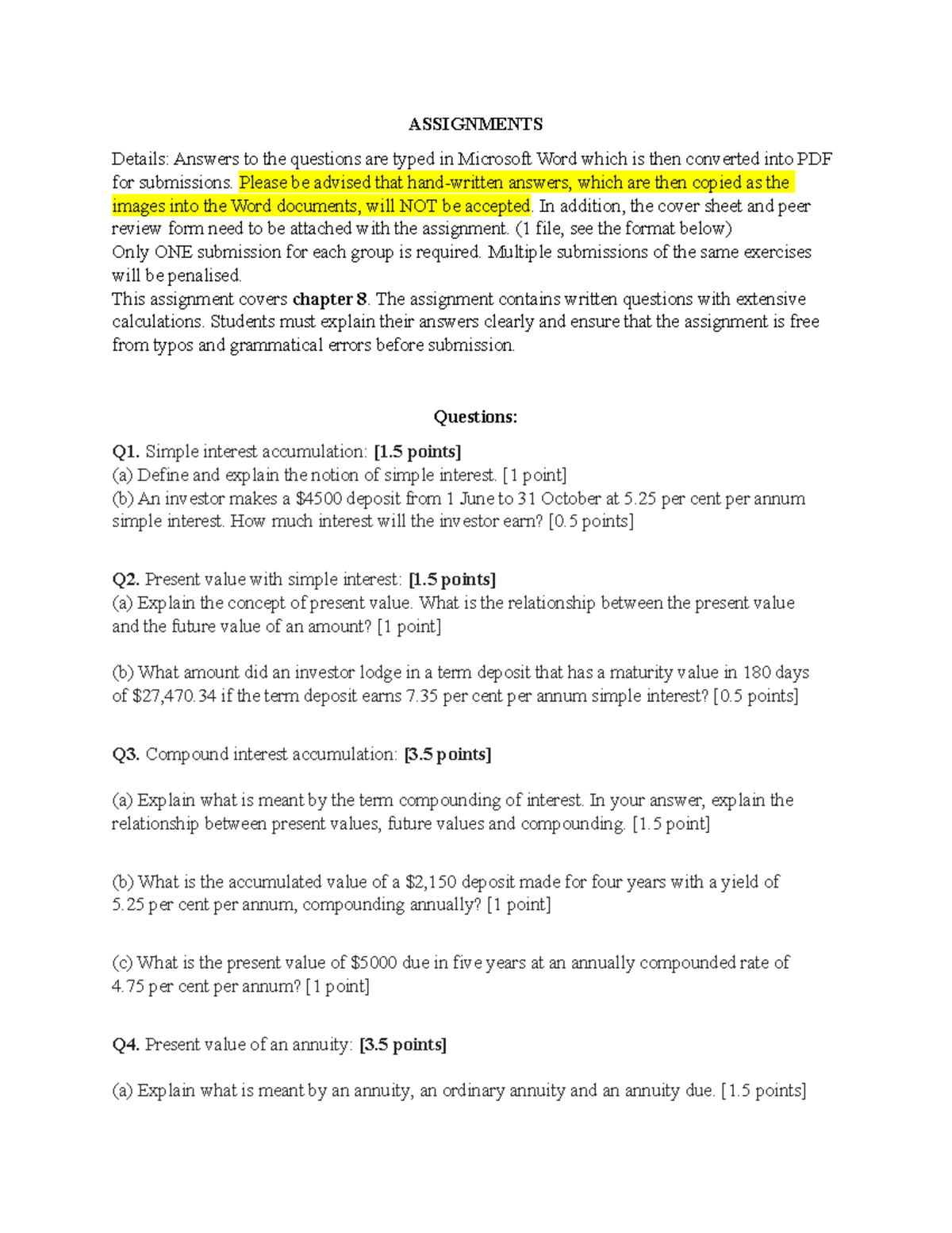 chapter 8 assignment - ASSIGNMENTS Details: Answers to the questions ...