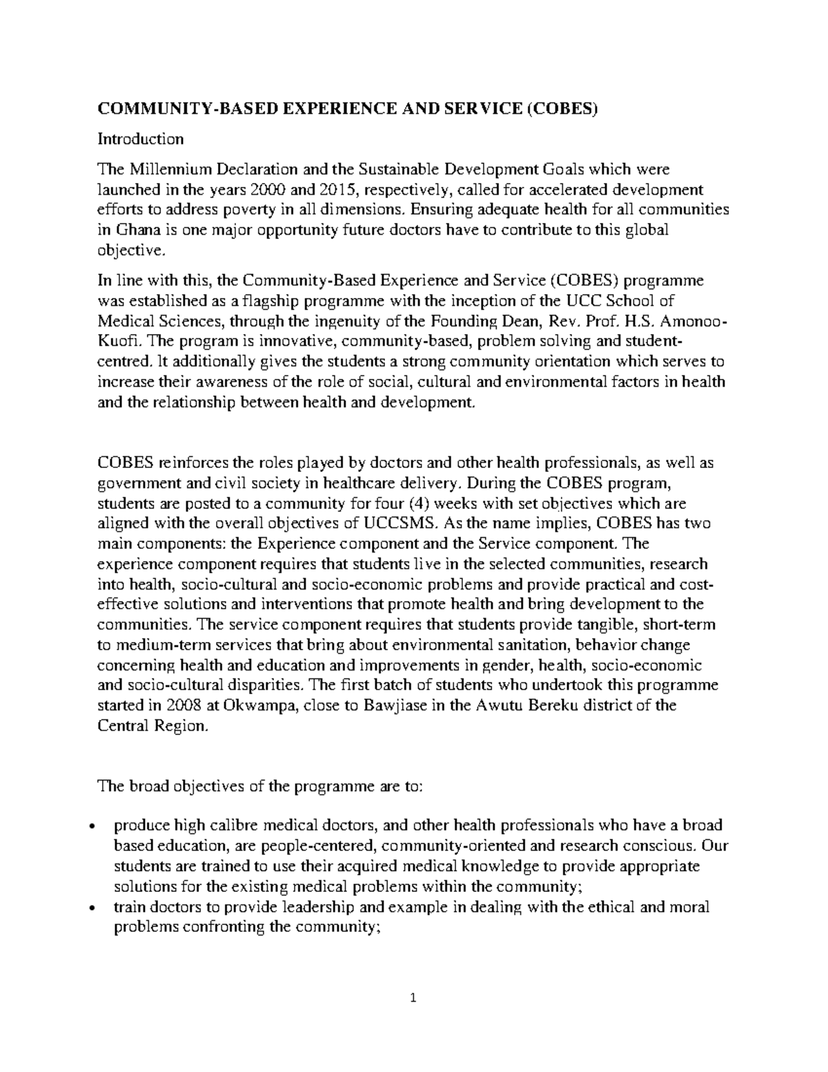 Appendix 10: COBES Community-Based Experience and Service Overview ...