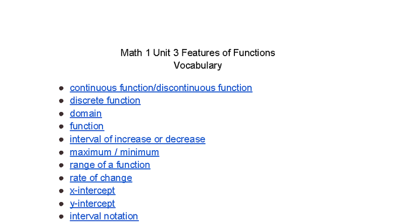 Math 1 Unit 3 Features of Functions Vocabulary - MATH 1021 - Math 1 ...