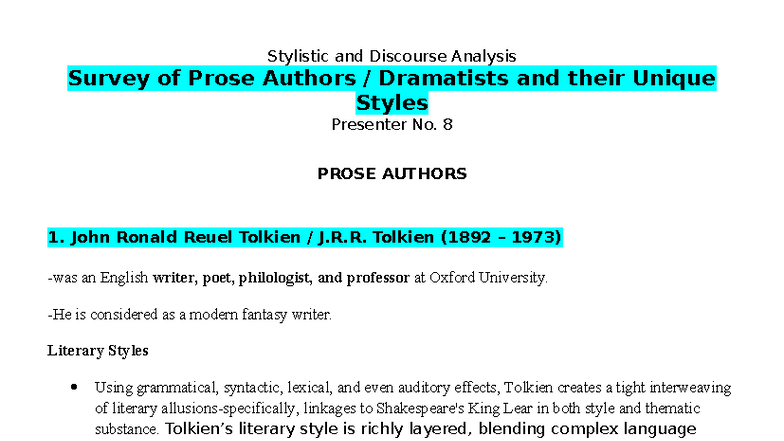 Stylistic and Discourse Analysis of Prose Authors: Tolkien's Influence - Studocu
